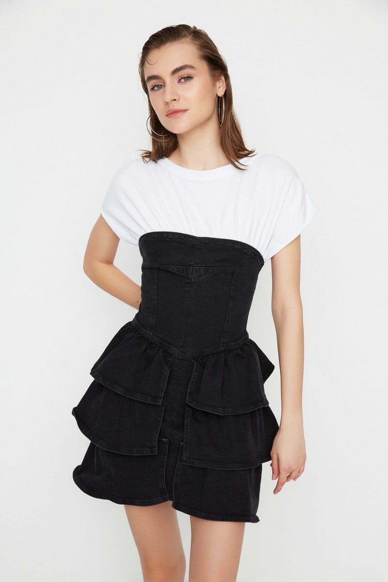 Shop Crew Neck Colorblock Denim Dress Online In UAE
