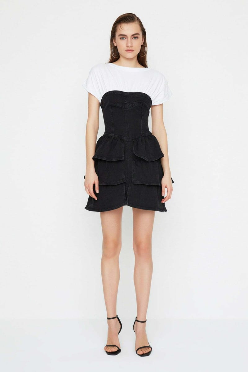 Shop Crew Neck Colorblock Denim Dress Online In UAE