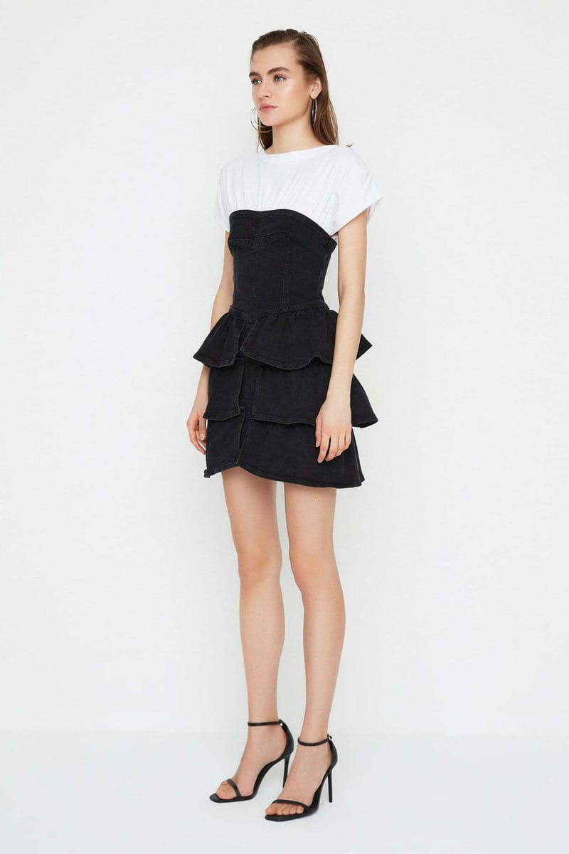 Shop Crew Neck Colorblock Denim Dress Online In UAE