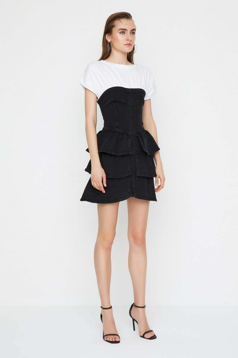 Shop Crew Neck Colorblock Denim Dress Online In UAE