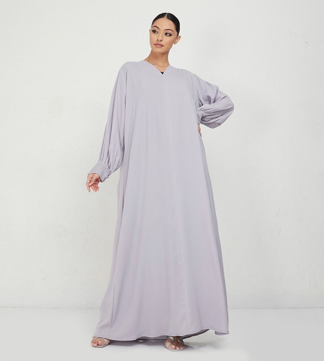 Shop Grey Plain Abaya With Shirt Sleeves With Buttons Design Online In UAE