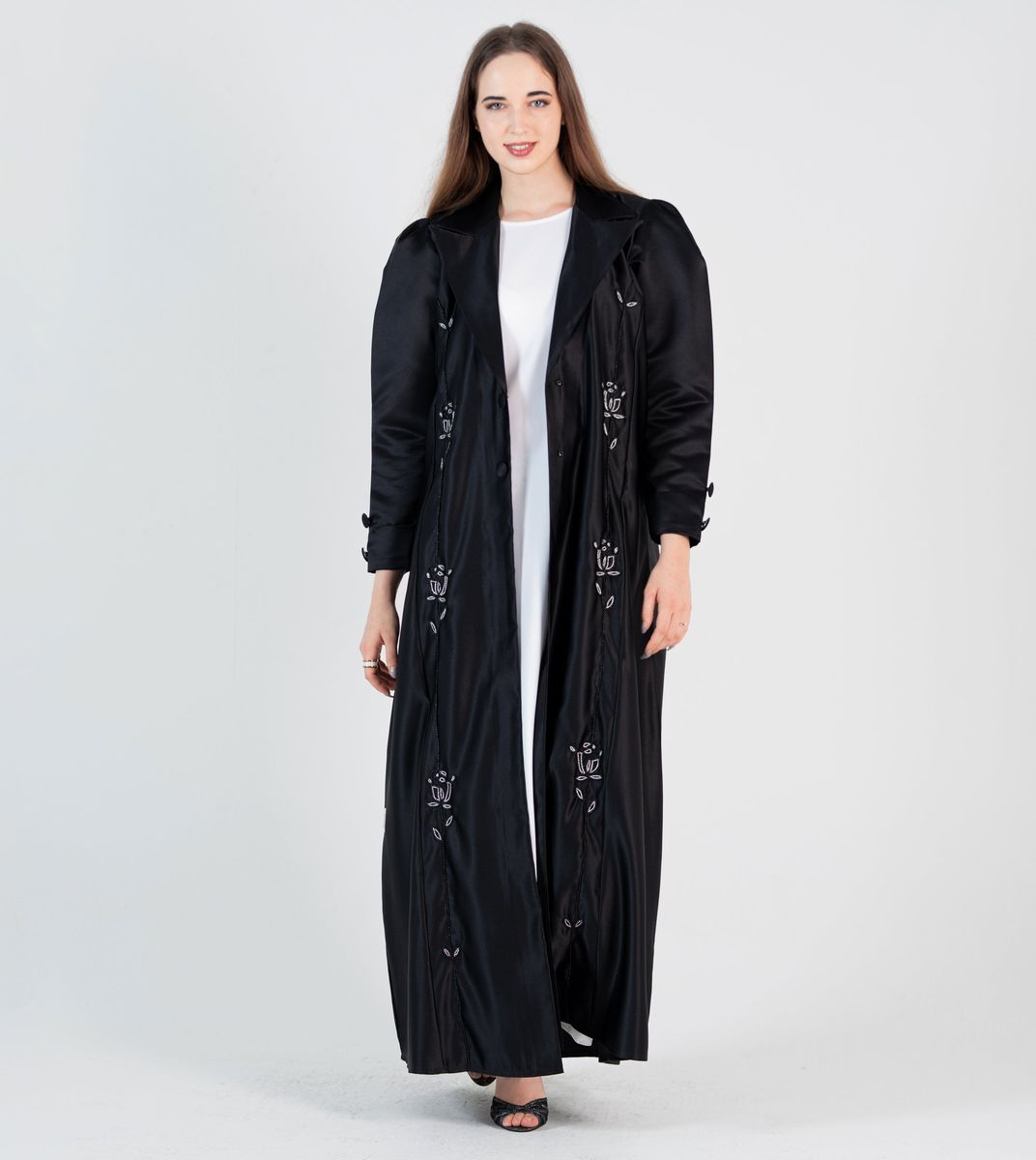 Shop Black Abaya With Jacket Style With Silver Hand Embroidery And Puff ...