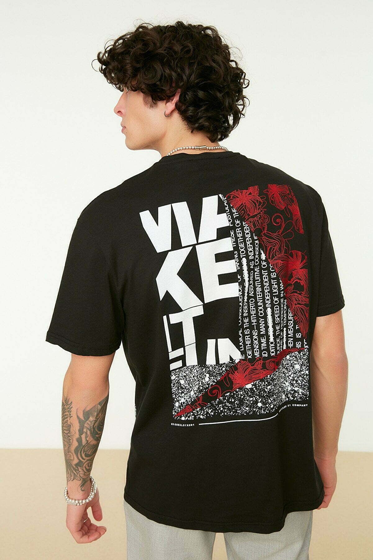 Back Print Oversize Black Crew Neck Men's T-Shirts | LaLaBix