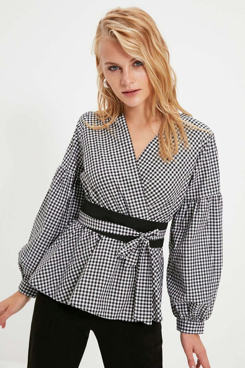 Shop Black Belted Double-Breasted Weave Checkered Blouse Online In UAE