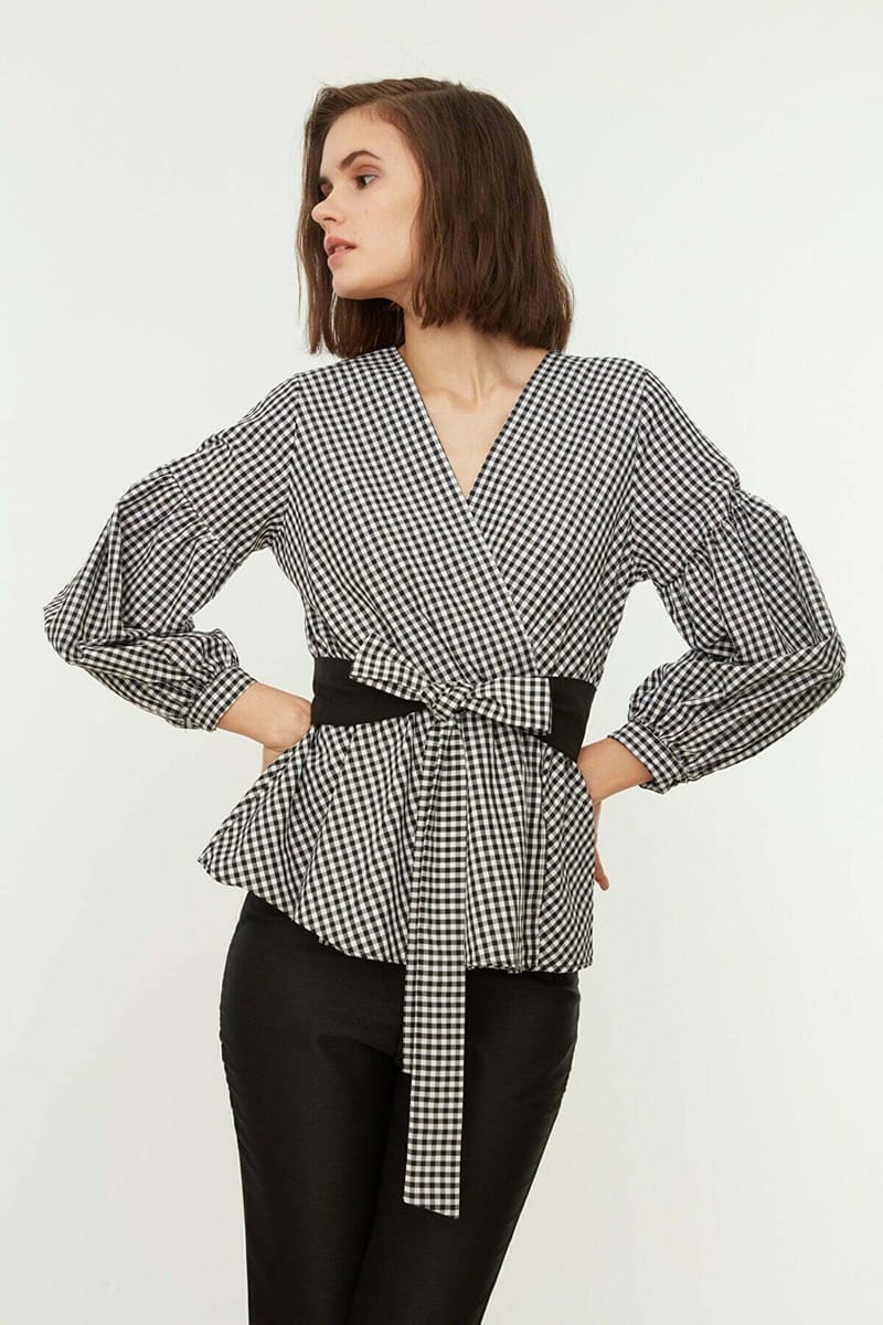 Shop Black Belted Double-Breasted Weave Checkered Blouse Online In UAE
