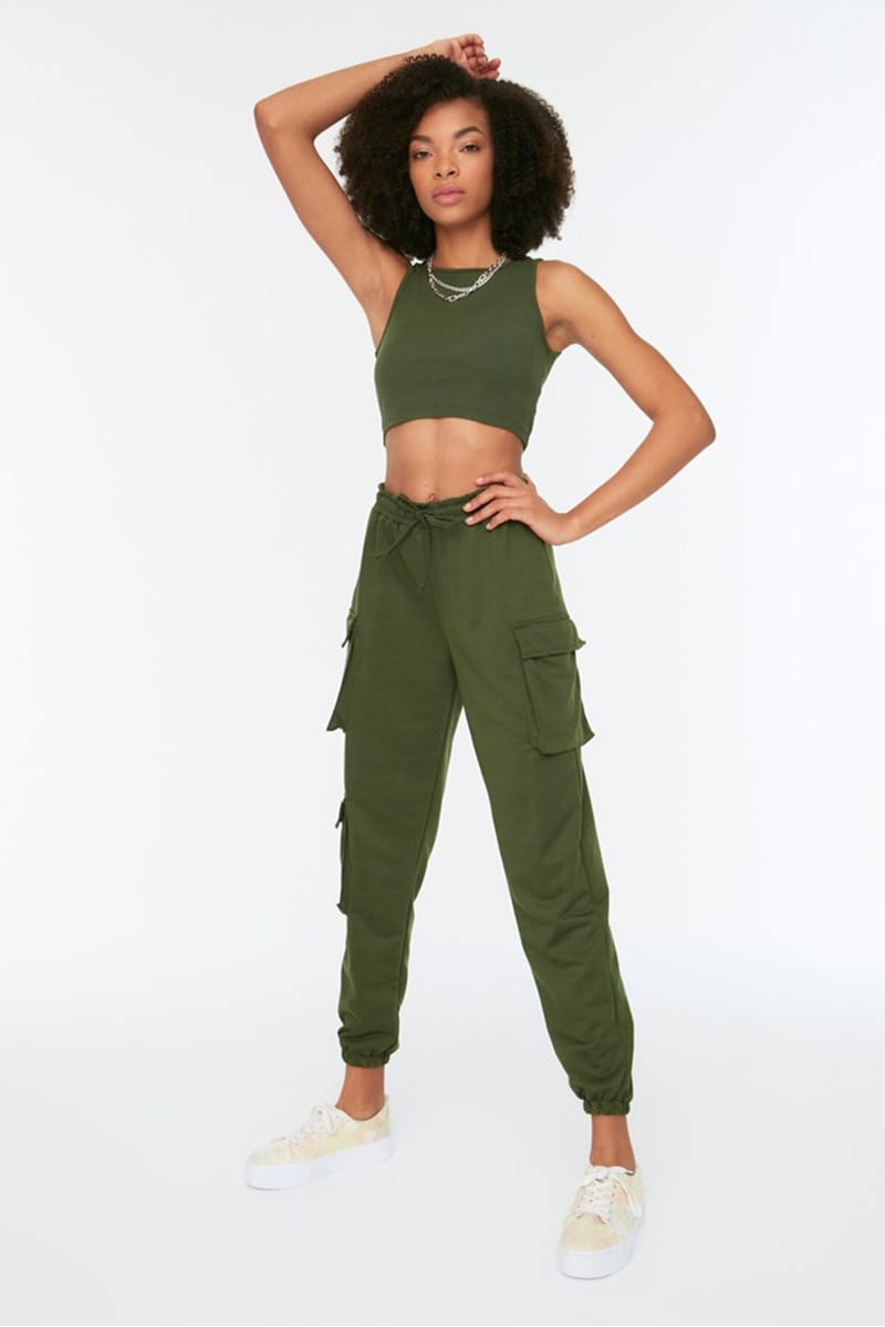 Shop Navy Green Knitted Crop Top & Cargo Pants Women's Set Online In UAE